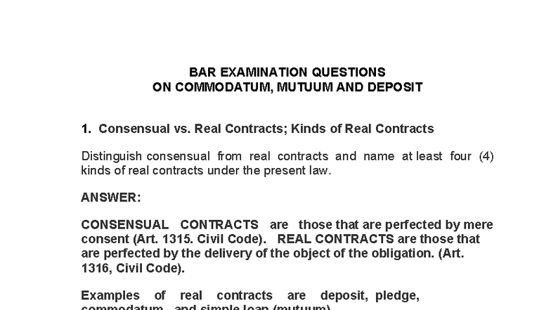 BAR EXAM Q&A: Commodatum, Mutuum, and Deposit Overview - Studocu