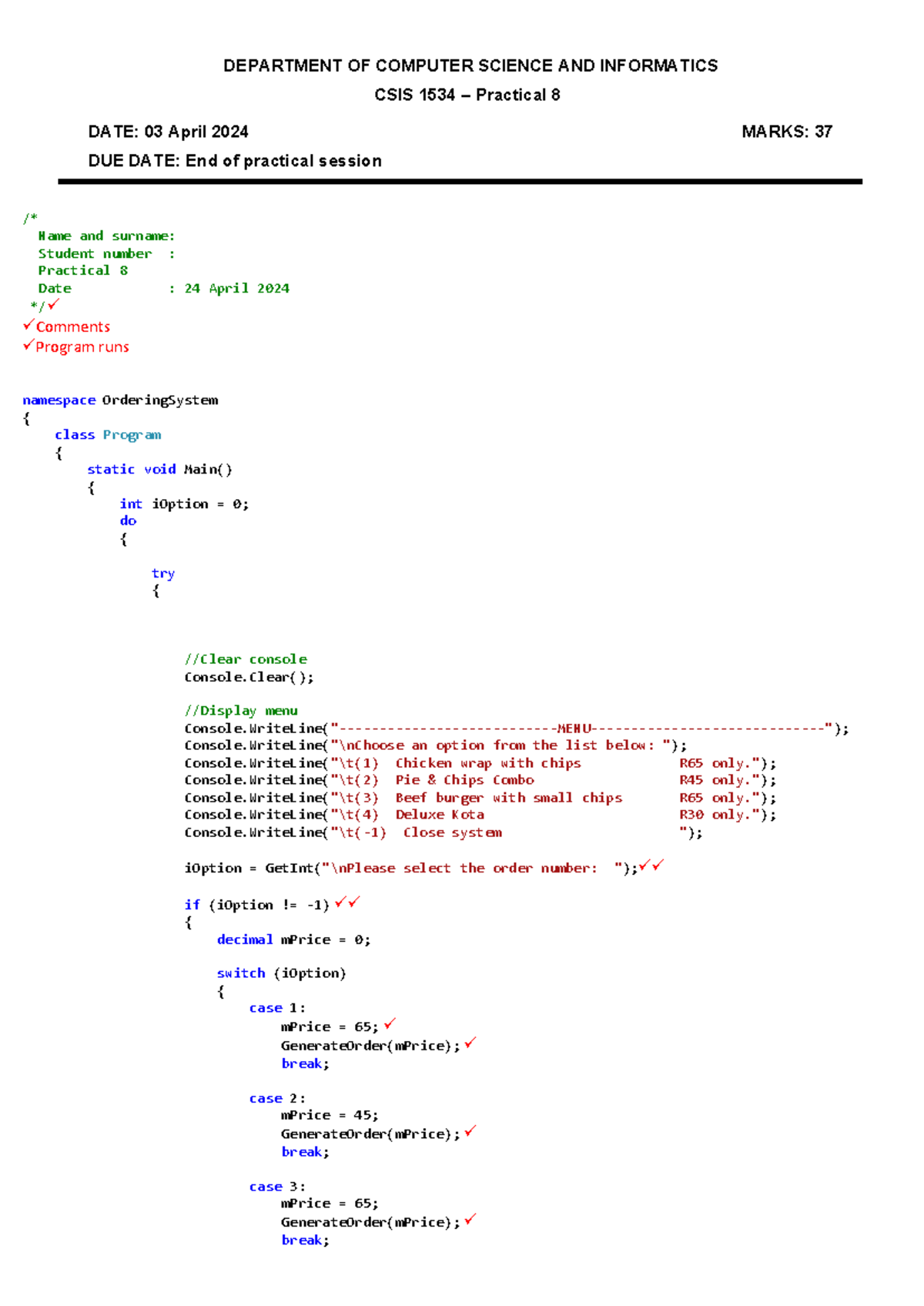 CSIS1534 Practical 8 Memo - Programming Task April 2024 - Studocu