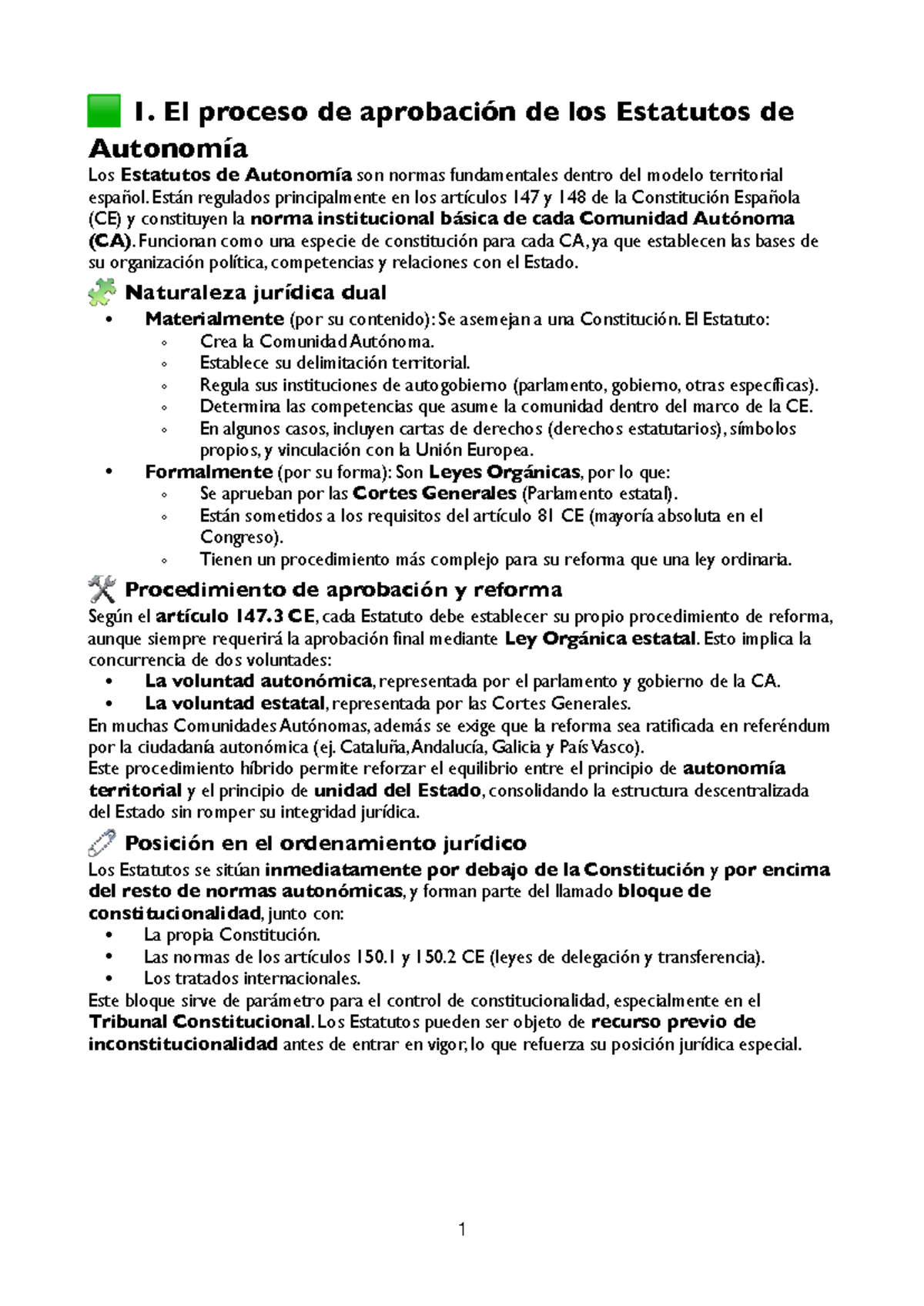 Resumen de Derechos Fundamentales y Estatutos de Autonomía (Derecho ...