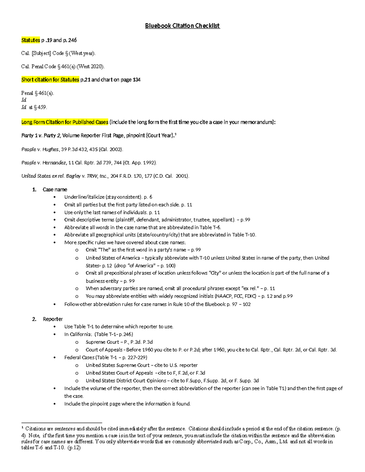 Bluebook Citation Checklist for Legal Writing and Examination - Studocu