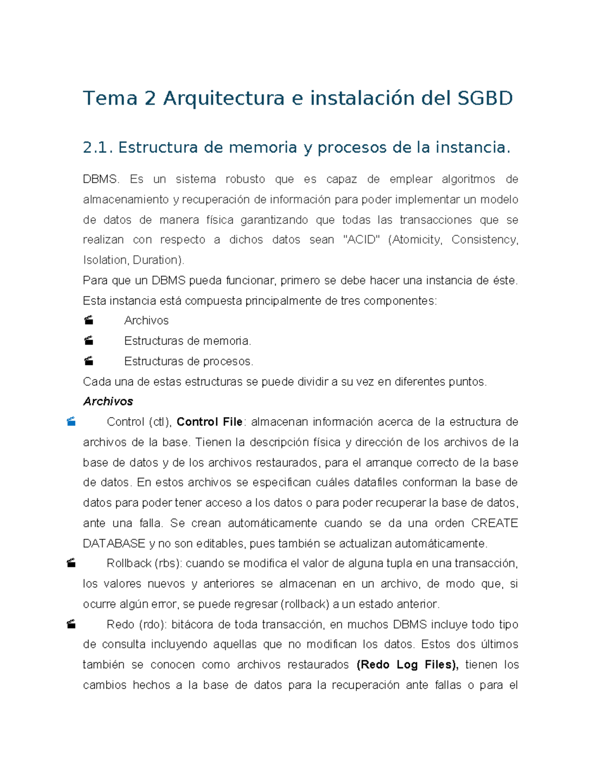 Tema 2: Arquitectura e Instalación del SGBD - Estructura de Memoria y ...