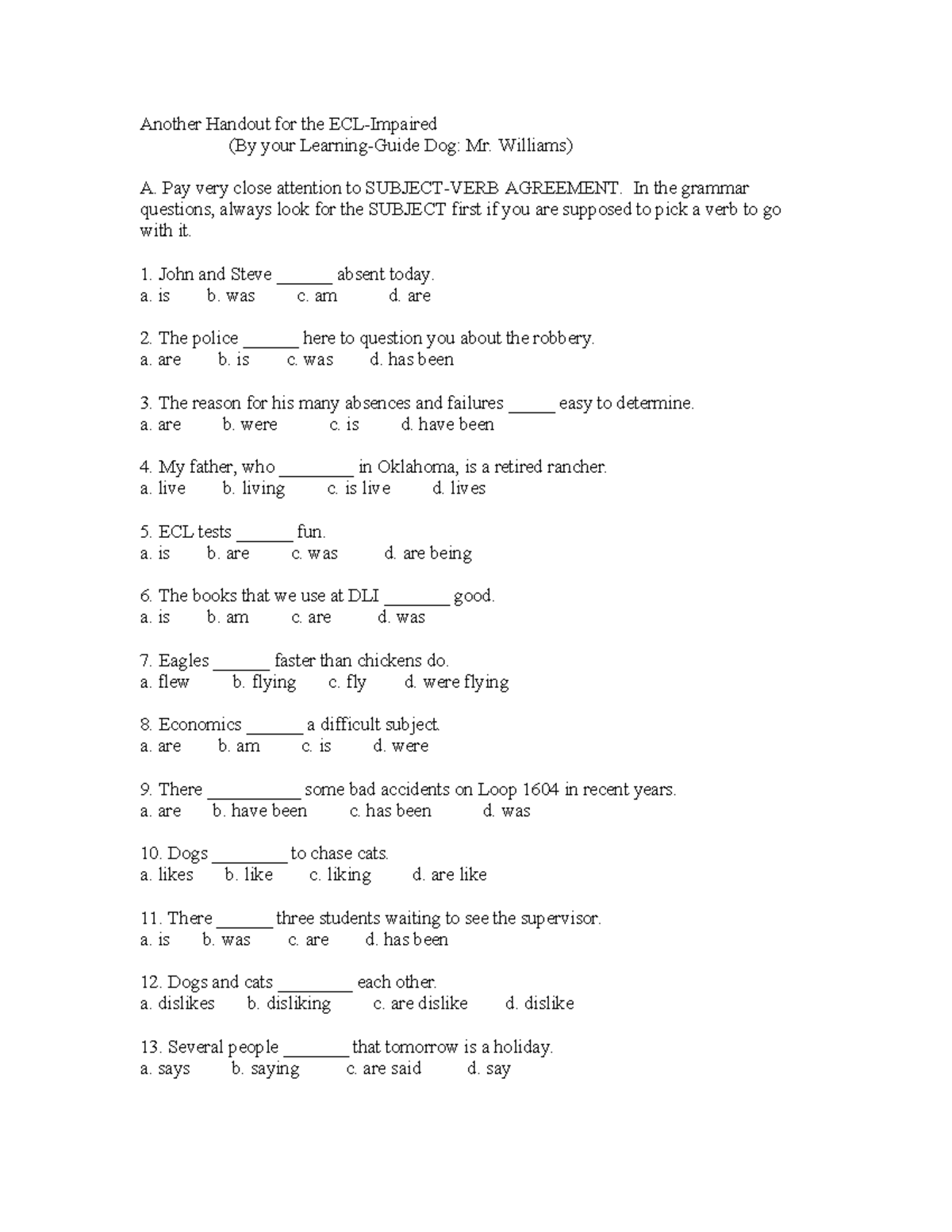 ECL Practice Exercise with Answers: Subject-Verb Agreement Focus - Studocu