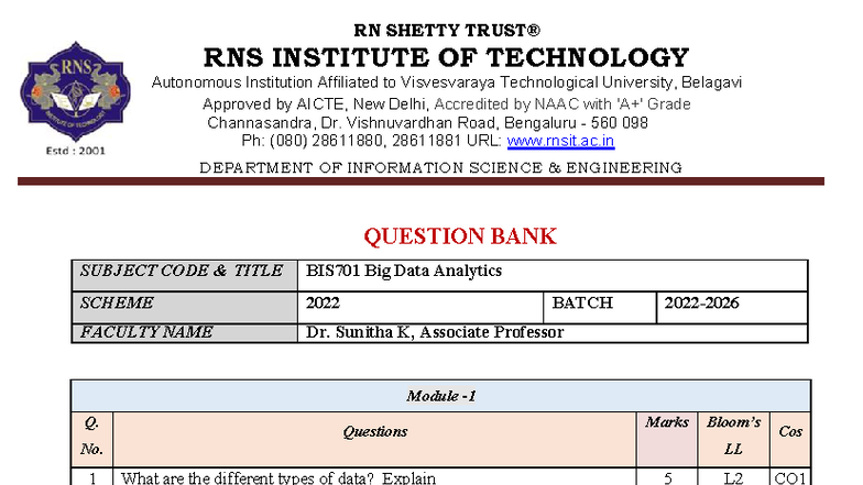 BIS701 Big Data Analytics Question Bank - 2022 - Studocu