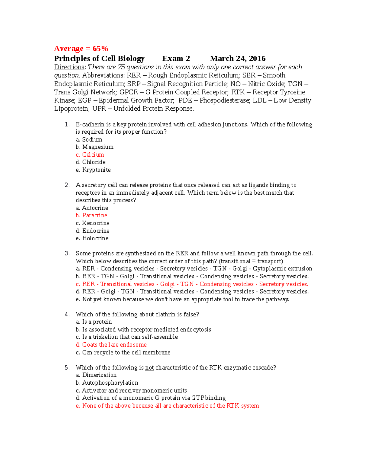 Docx - Exam 2 Cell Bio Spring 2016 with answers - Average = 65% ...