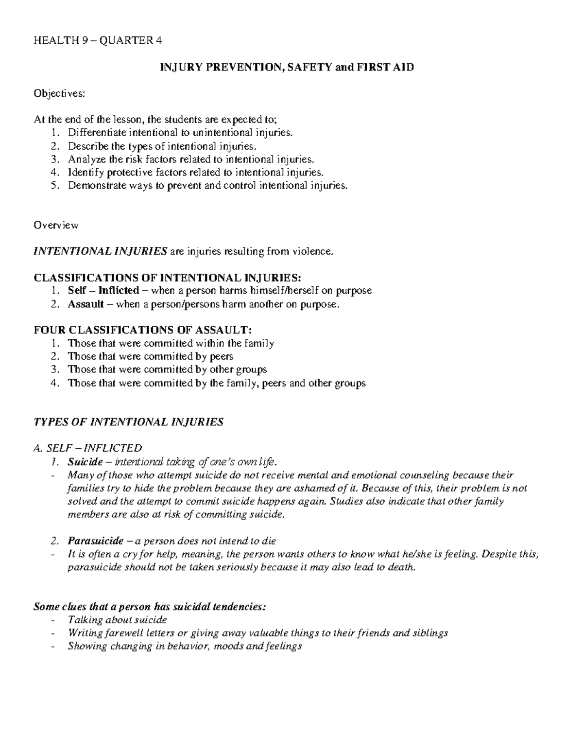 Health 9: Injury Prevention, Safety, and First Aid Overview - Studocu