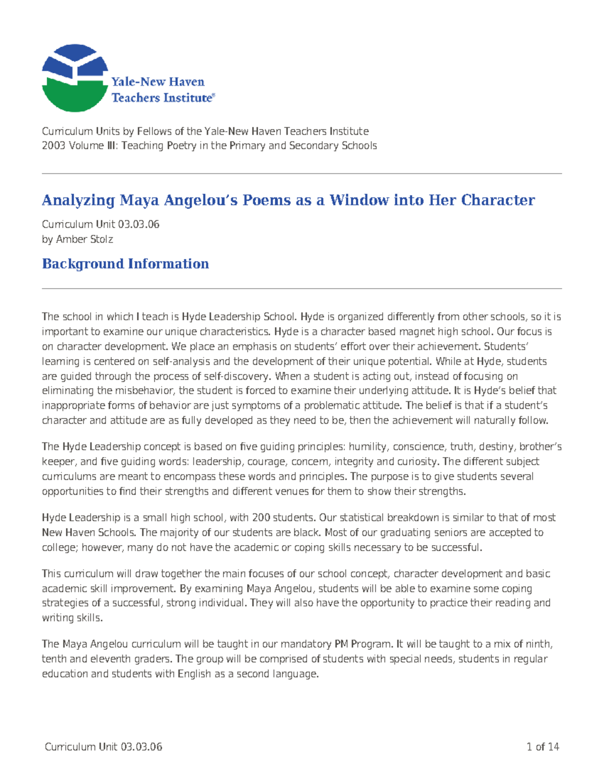 Curriculum Unit 03.03: Exploring Maya Angelou’s Poetry in Character ...