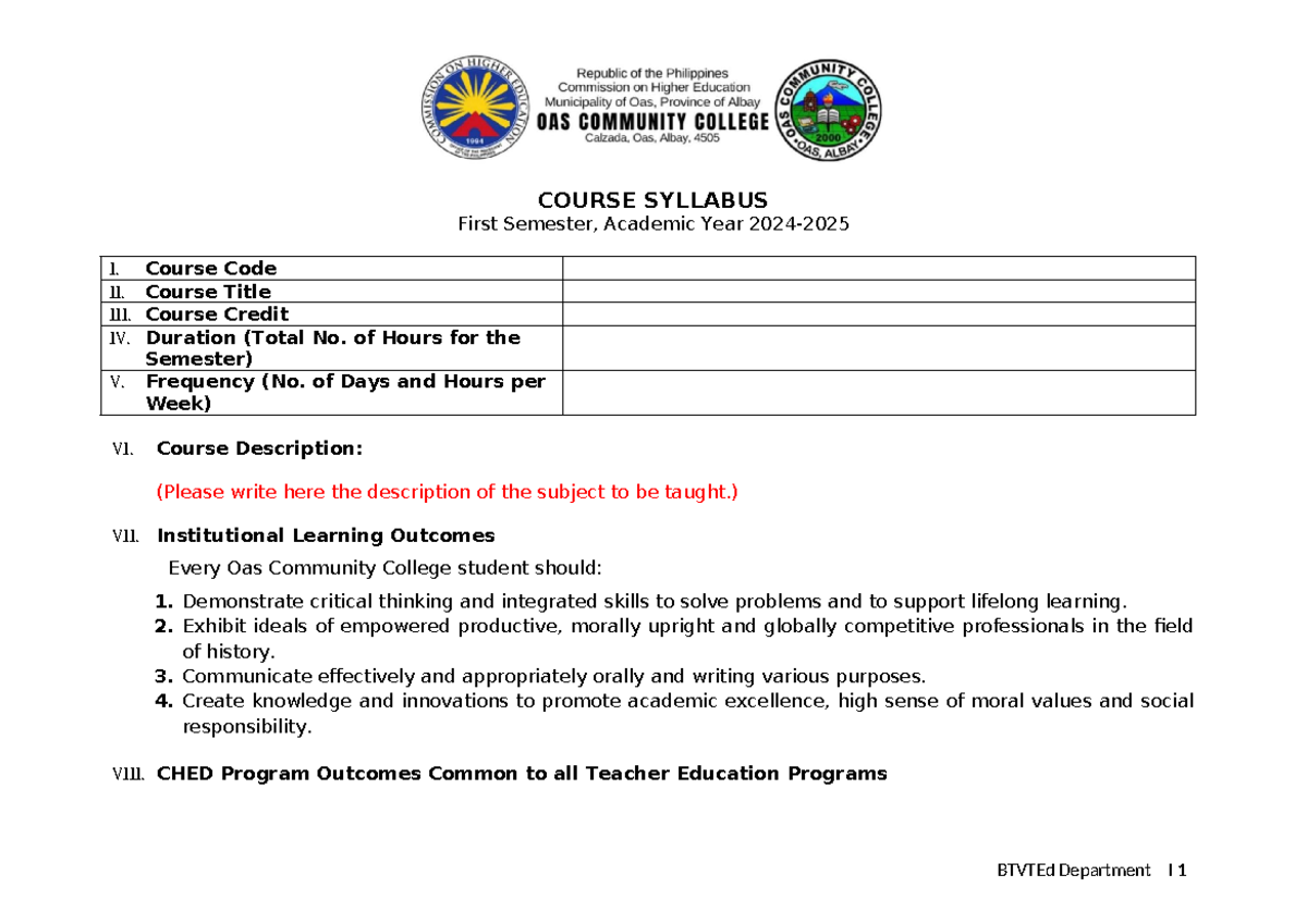 BTVTEd Course Syllabus for 1st Semester AY 2024: Editable Template ...