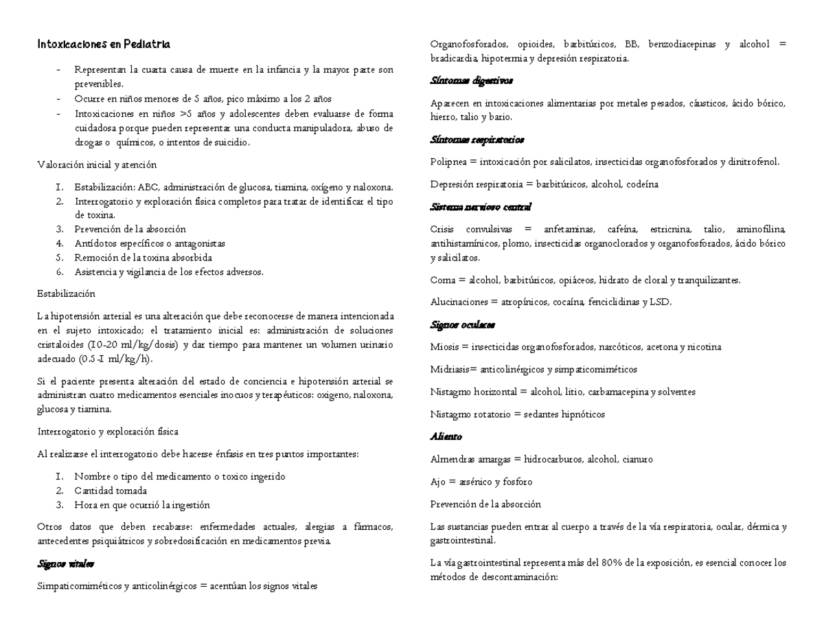 Intoxicaciones Pediátricas: Guía Diagnóstica y Tratamiento en Urgencias - Studocu