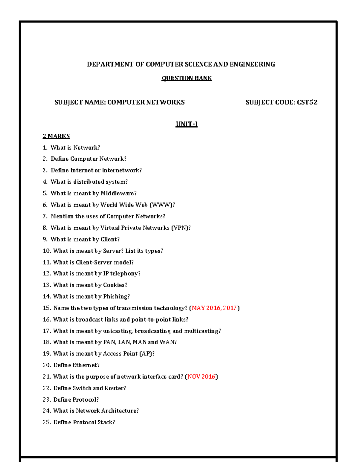 CST - Important Questions for Computer Networks (Final Exam Prep) - Studocu