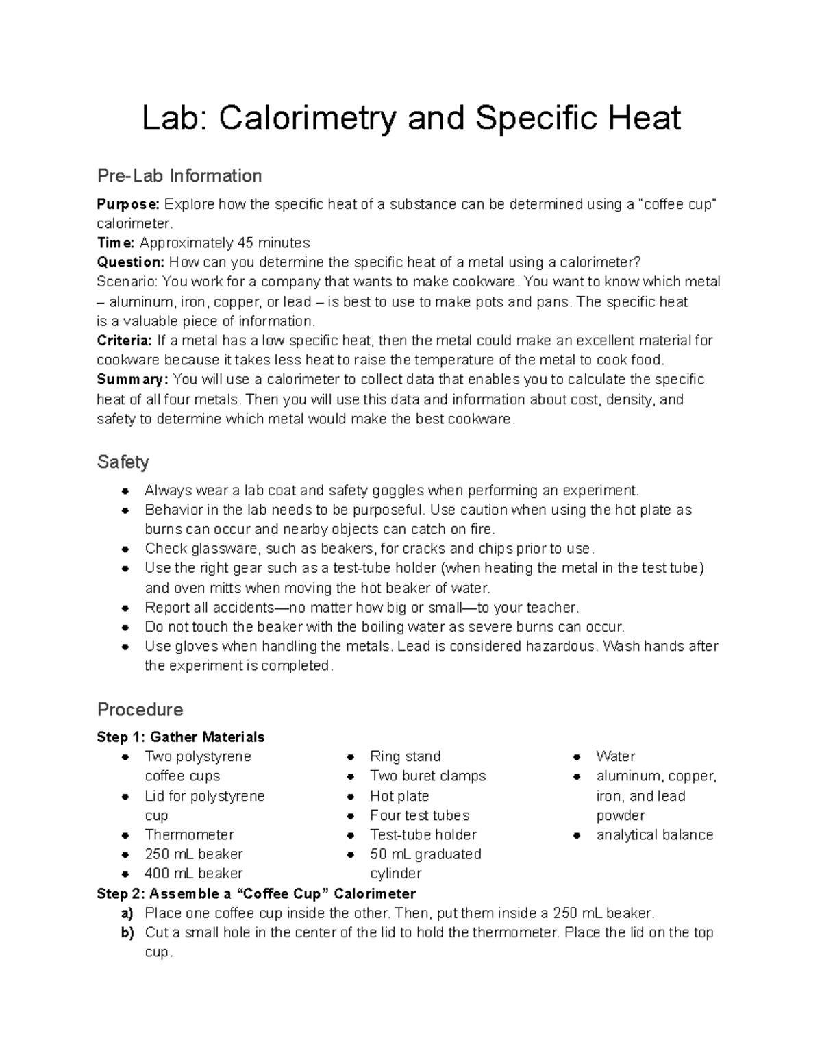 Lab 5: Calorimetry and Specific Heat Analysis for Metals - Studocu