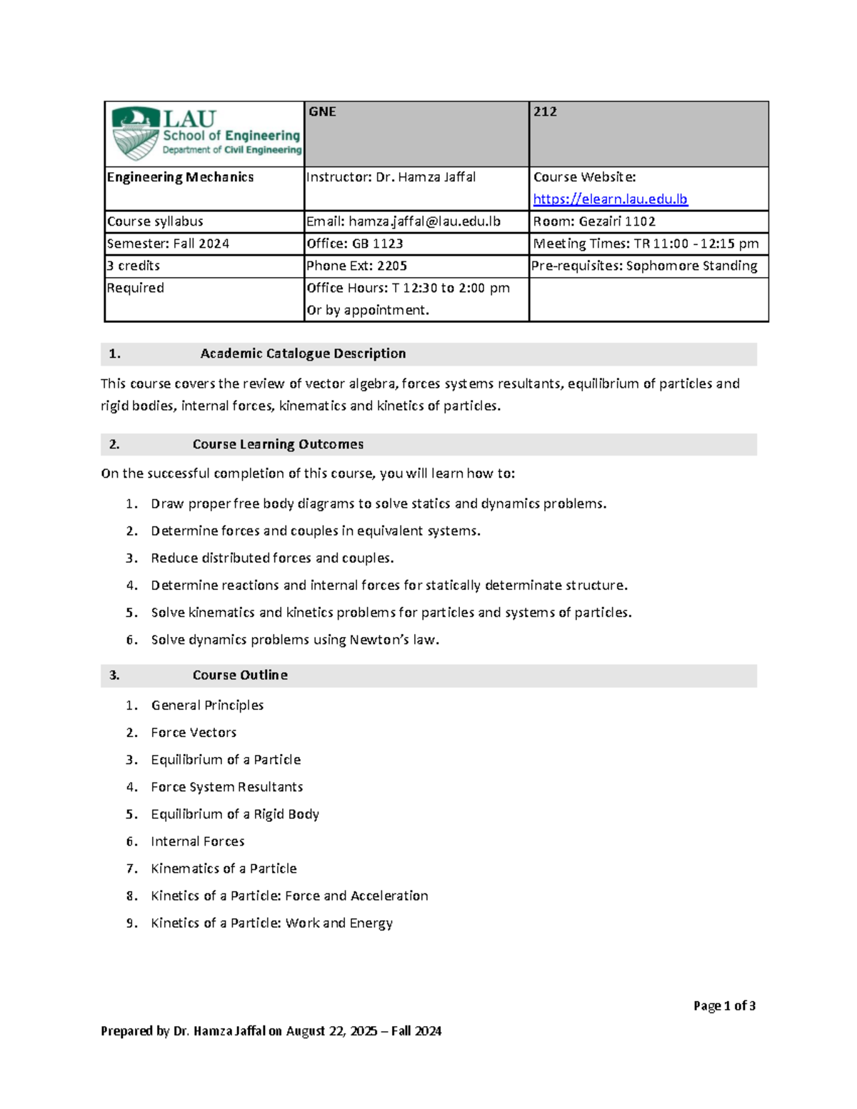 GNE 212 Engineering Mechanics Syllabus - Fall 2024 - Studocu