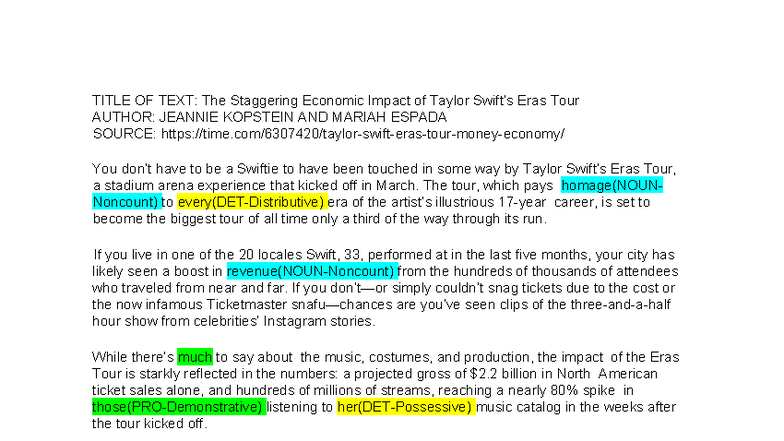 Lexical Analysis of Taylor Swift's Eras Tour Impact - Studocu