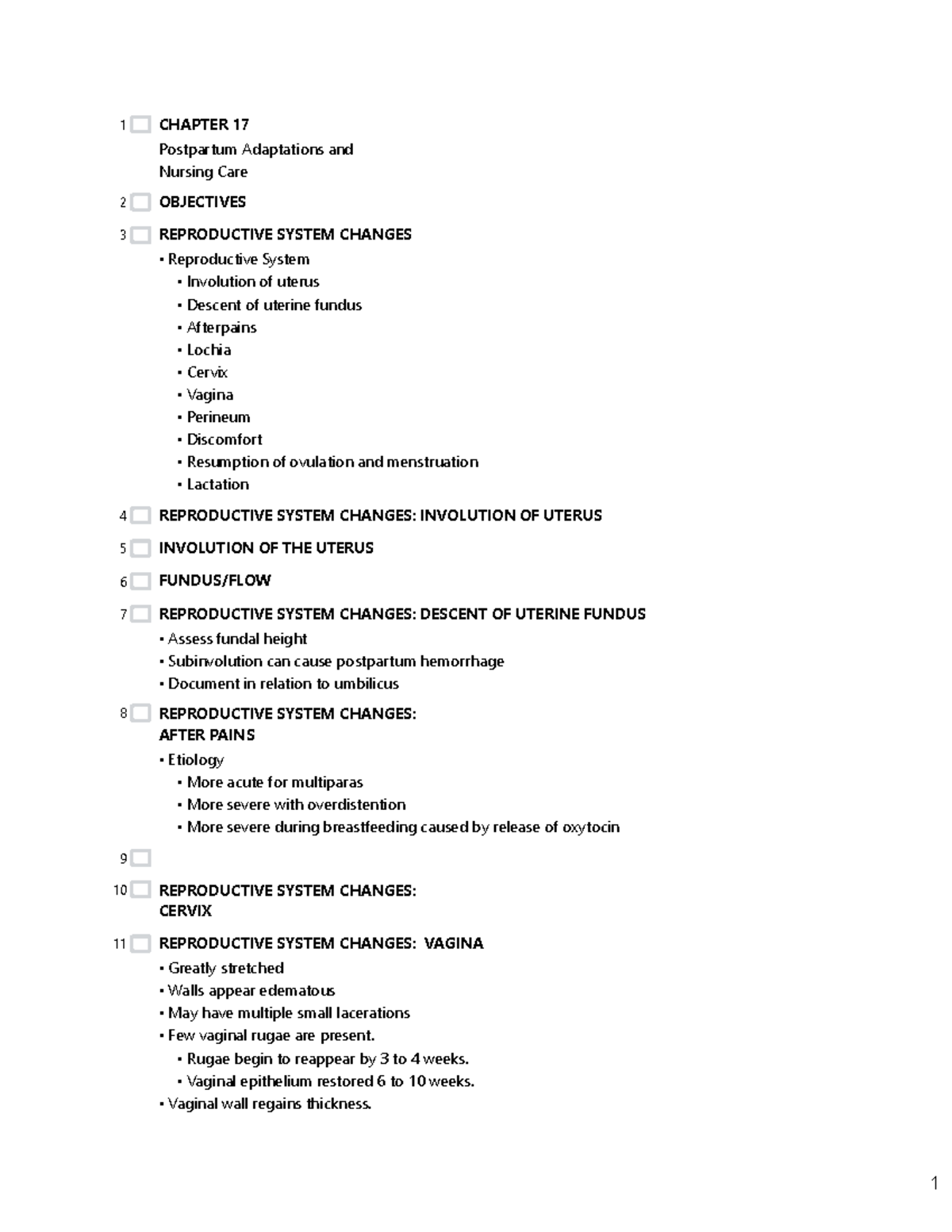 Chapter 17: Postpartum Adaptations & Nursing Care - Exam 1 Notes - Studocu