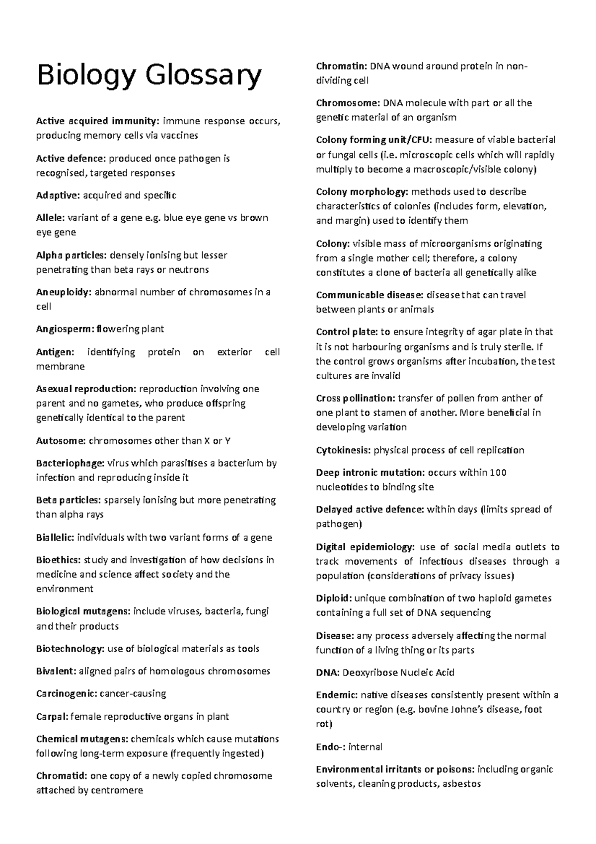 Biology Glossary of Key Terms - Biology Glossary Active acquired ...