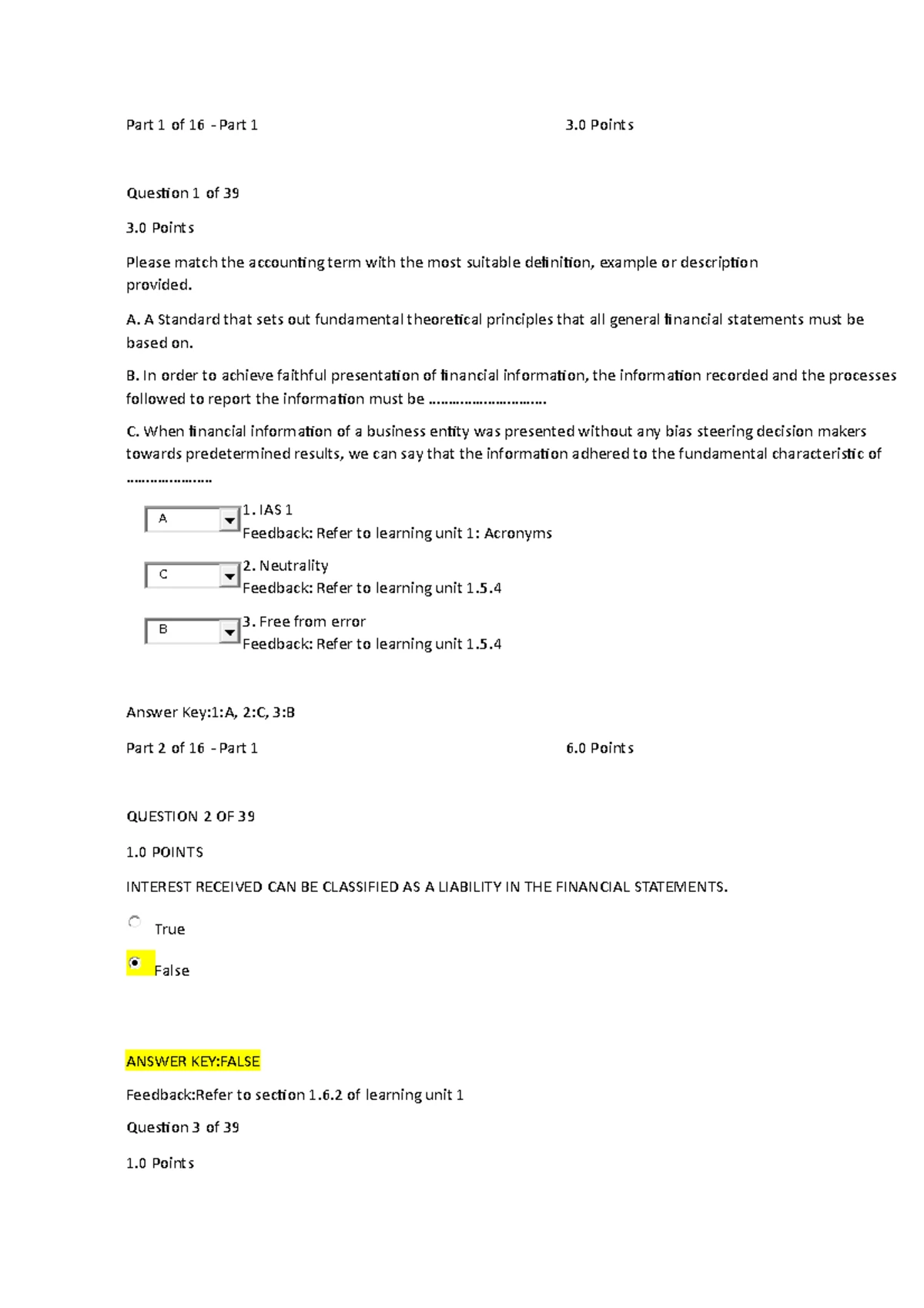 LU 4- Quiz 2 - Questions and Answers. - Part 1 of 1 - 15 Points Question 1 of 1 15 Points Click ...