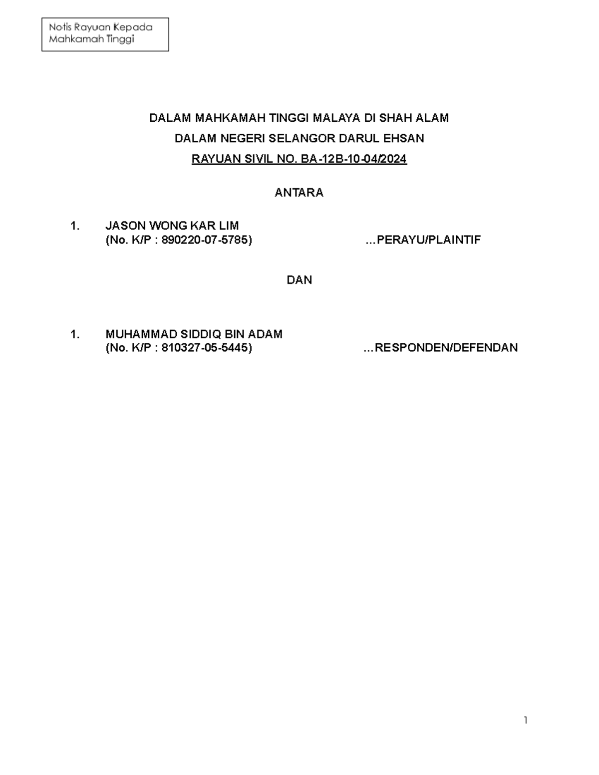 Notis Rayuan Sivil BA-12B-10-04 & BA-B52NCvC-207-06 di Mahkamah - Studocu