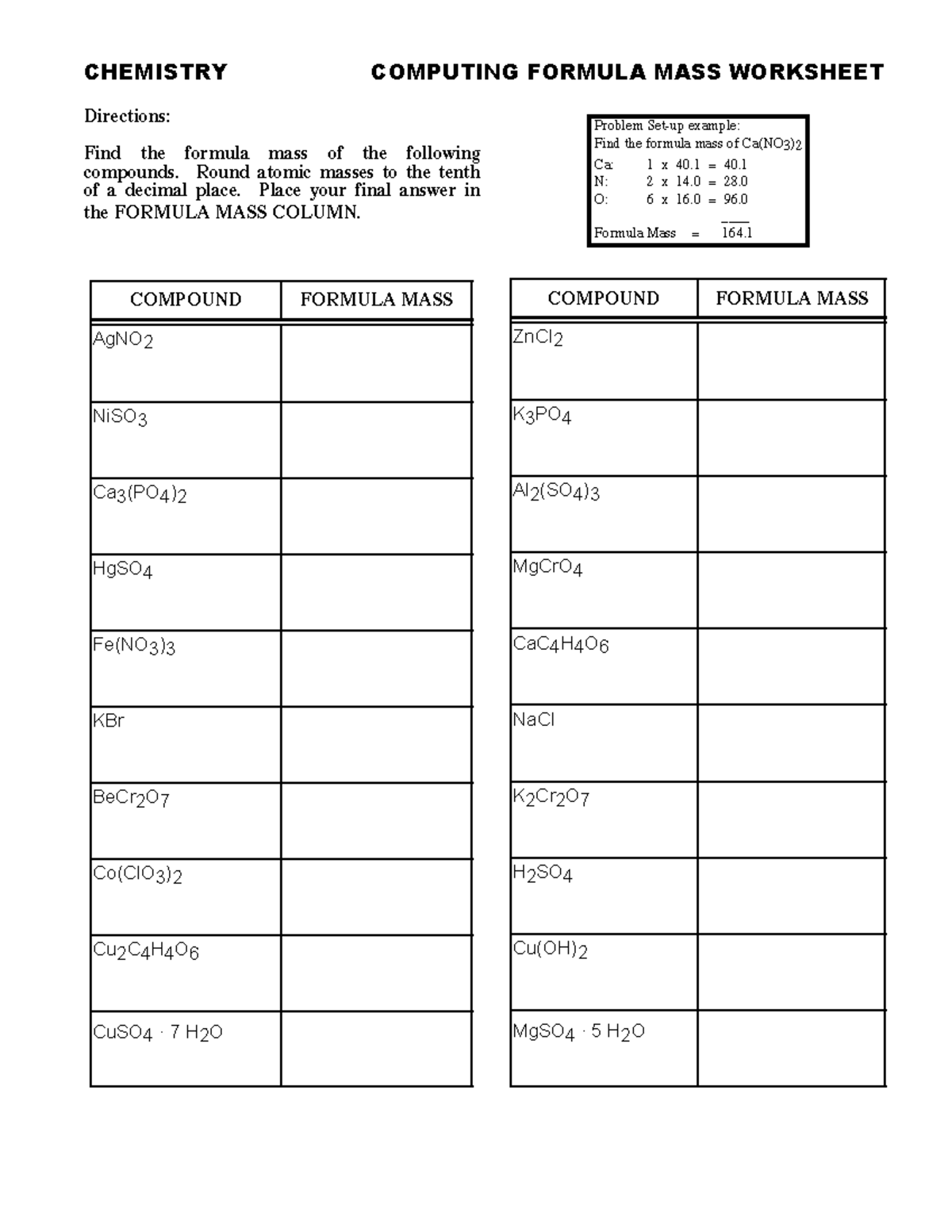Formula mass worksheet - Directions: Find the formula mass of the ...