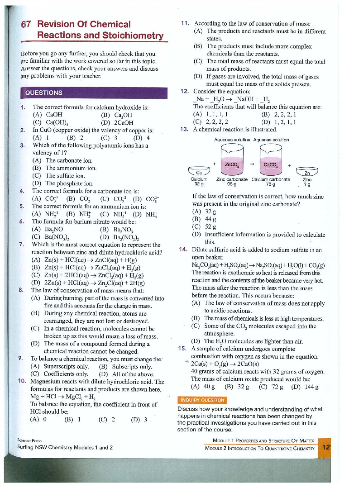 M2 IQ1 Revision of Chemical Reactions & Stoichiometry Quiz - Studocu