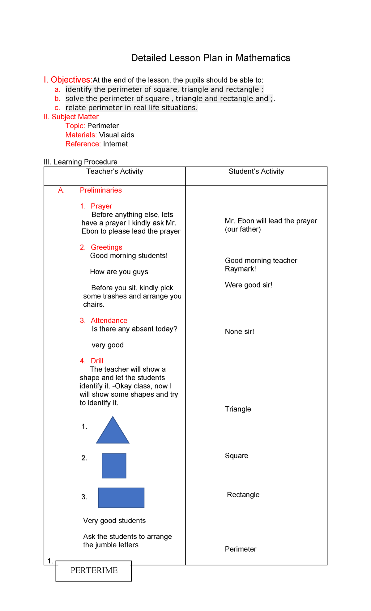 DLP MATH - Detailed Lesson Plan on Perimeter of Shapes - Studocu
