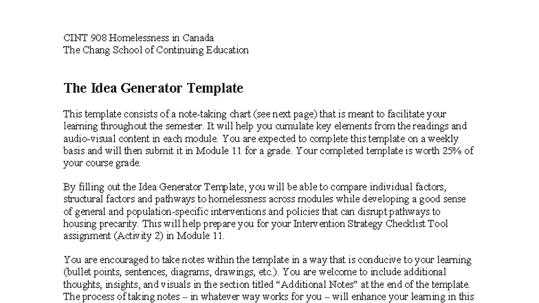 CINT 908 Idea Generator Template for Homelessness in Canada - Studocu