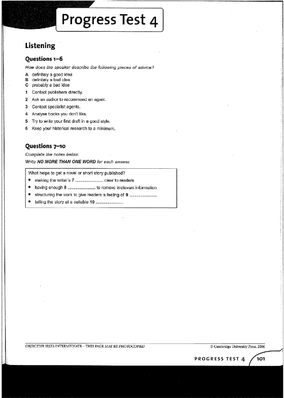 Progress Test 4 - Listening Questions & Advice Analysis - Studocu