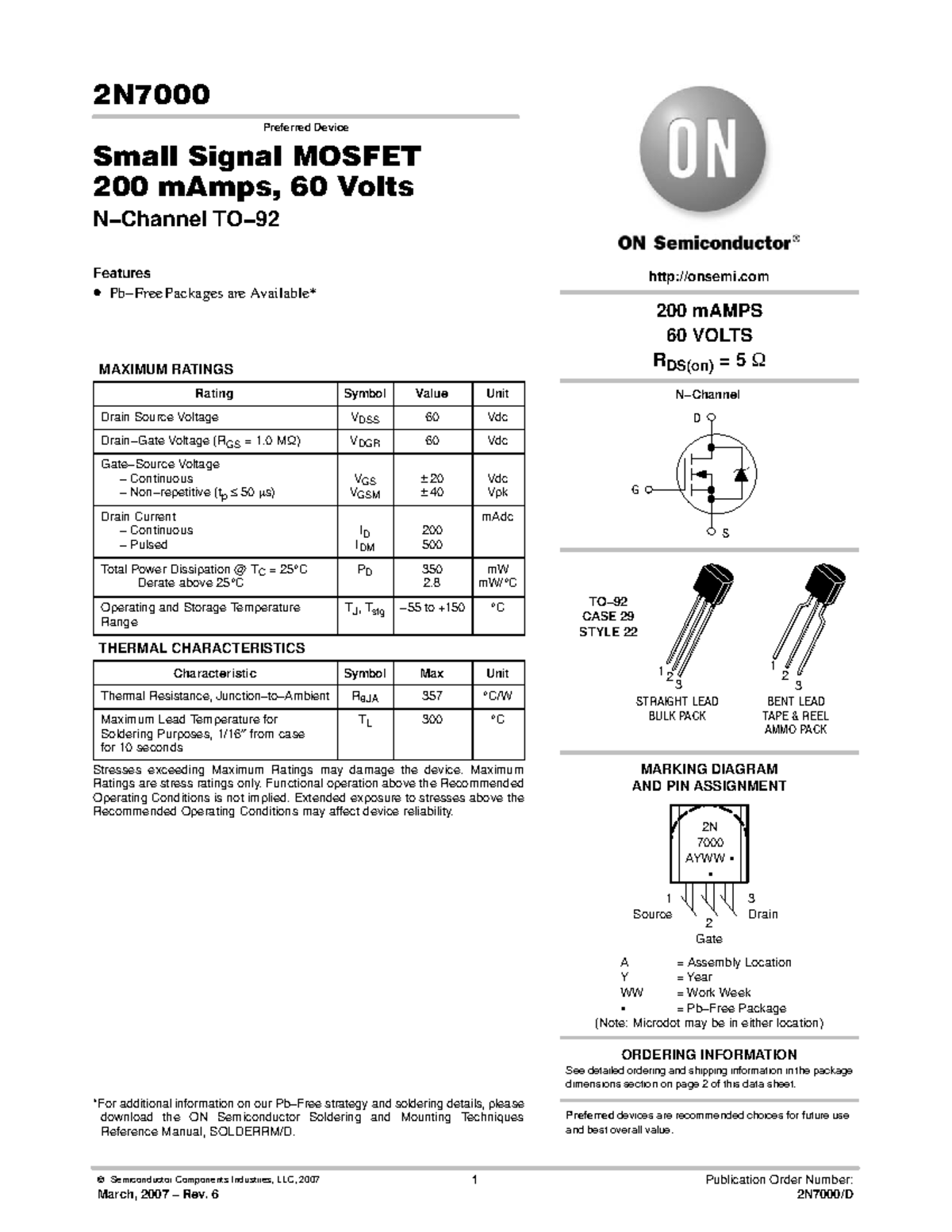 2N7000 - Small Signal MOSFET Datasheet: Features & Ratings - Studocu