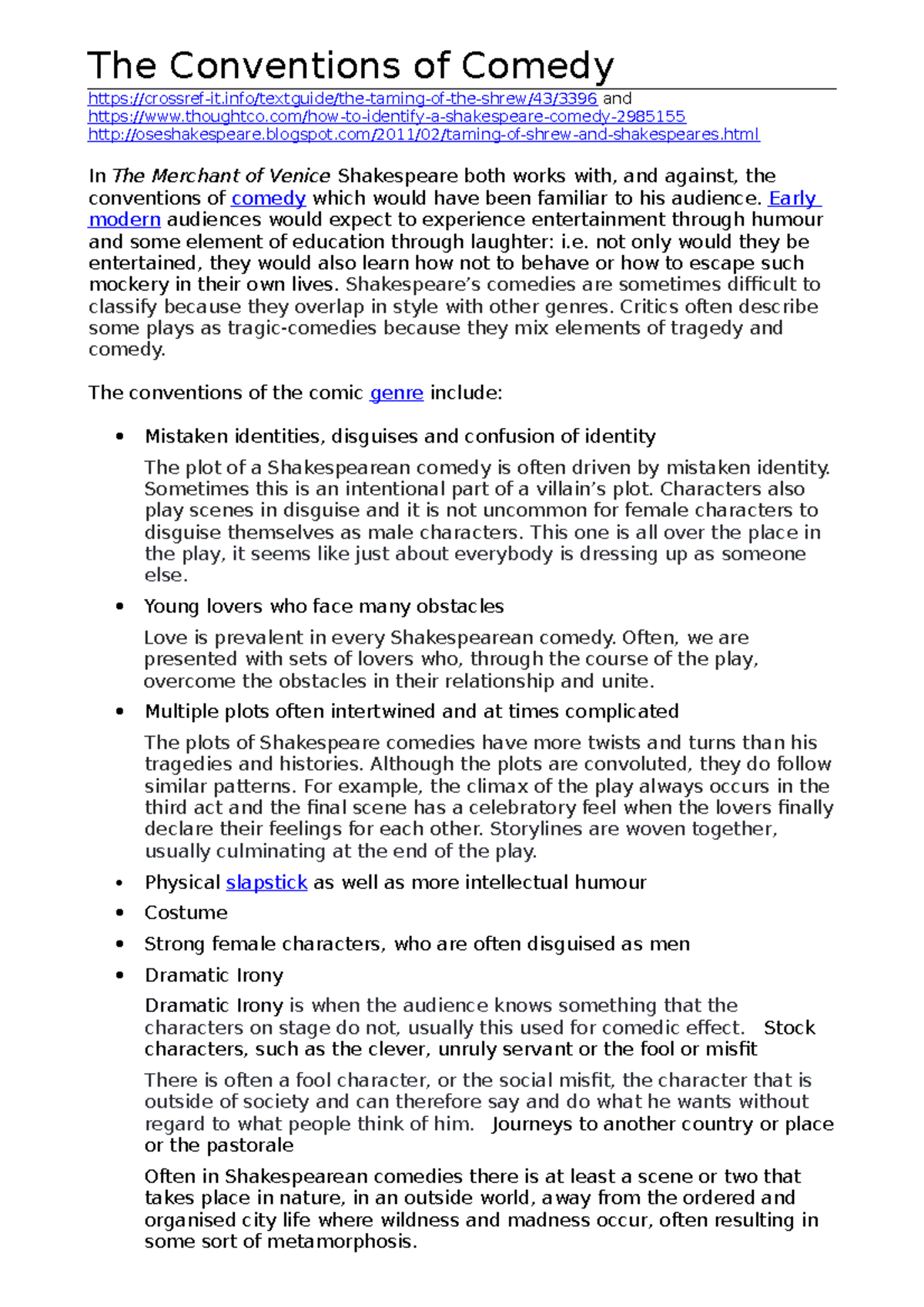 Exploring the Conventions of Comedy in Shakespearean Plays - Studocu