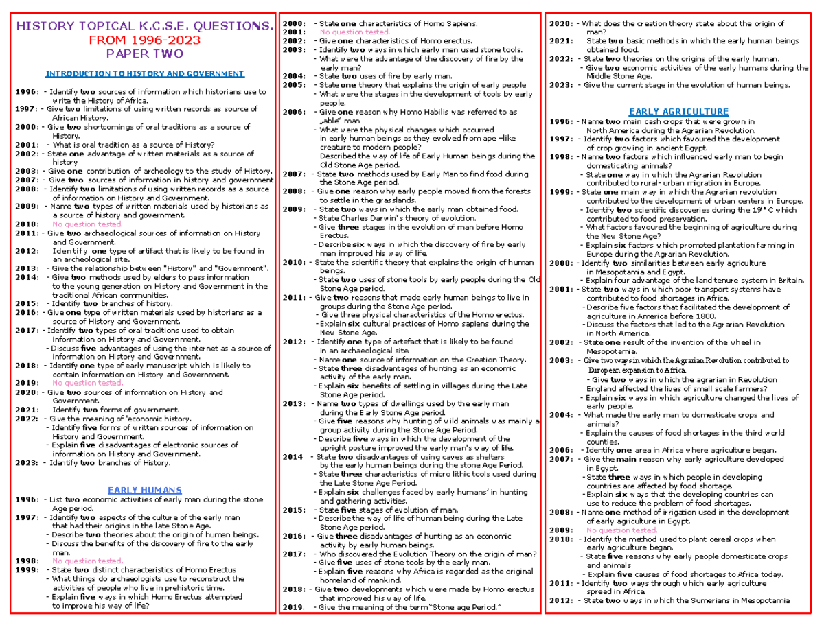 History KCSE PP2 Exam Questions on Topical Themes from 1996-2023 - Studocu