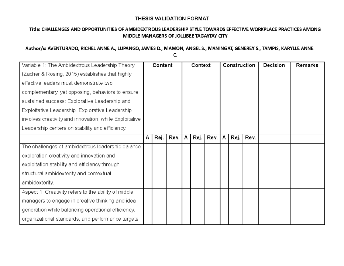 THESIS VALIDATION FORMAT: CHALLENGES & OPPORTUNITIES OF AMBIDEXTROUS ...