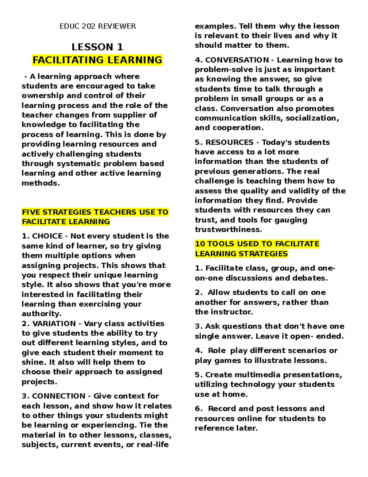 EDUC 202 Reviewer - EDUC 202 REVIEWER LESSON 1 FACILITATING LEARNING - A learning approach where ...