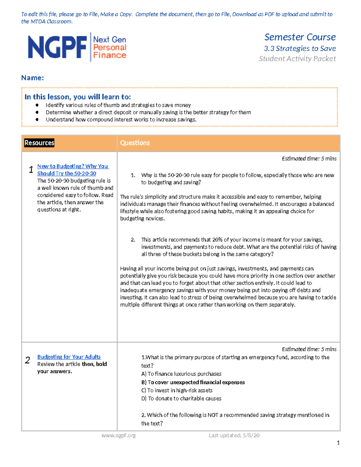Student Activity Packet SC-3.3 Strategies to Save - To edit this file ...