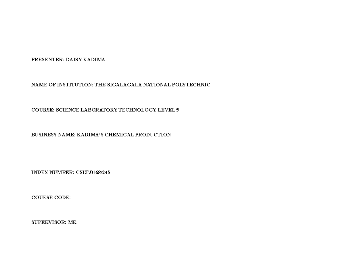 Chemical Production Business Plan - Science Lab Tech Level 5 - Studocu