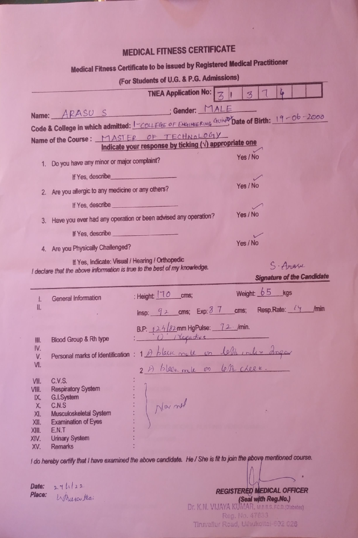 Medical Fitness Certificate for U.G. & P.G. Admissions (TNEA) - Studocu