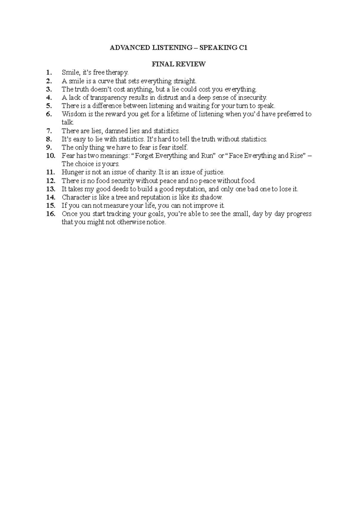 ADVANCED LISTENING - SPEAKING C FINAL REVIEW NOTES - Studocu