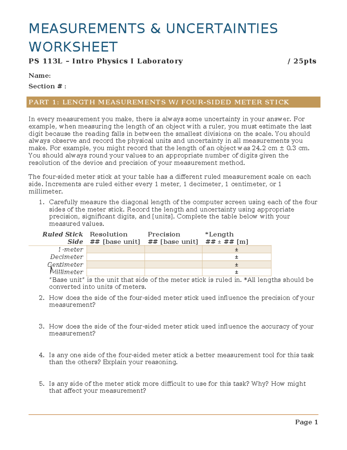 Measurements & Uncertainties Worksheet PS 113L Lab Guide - Studocu