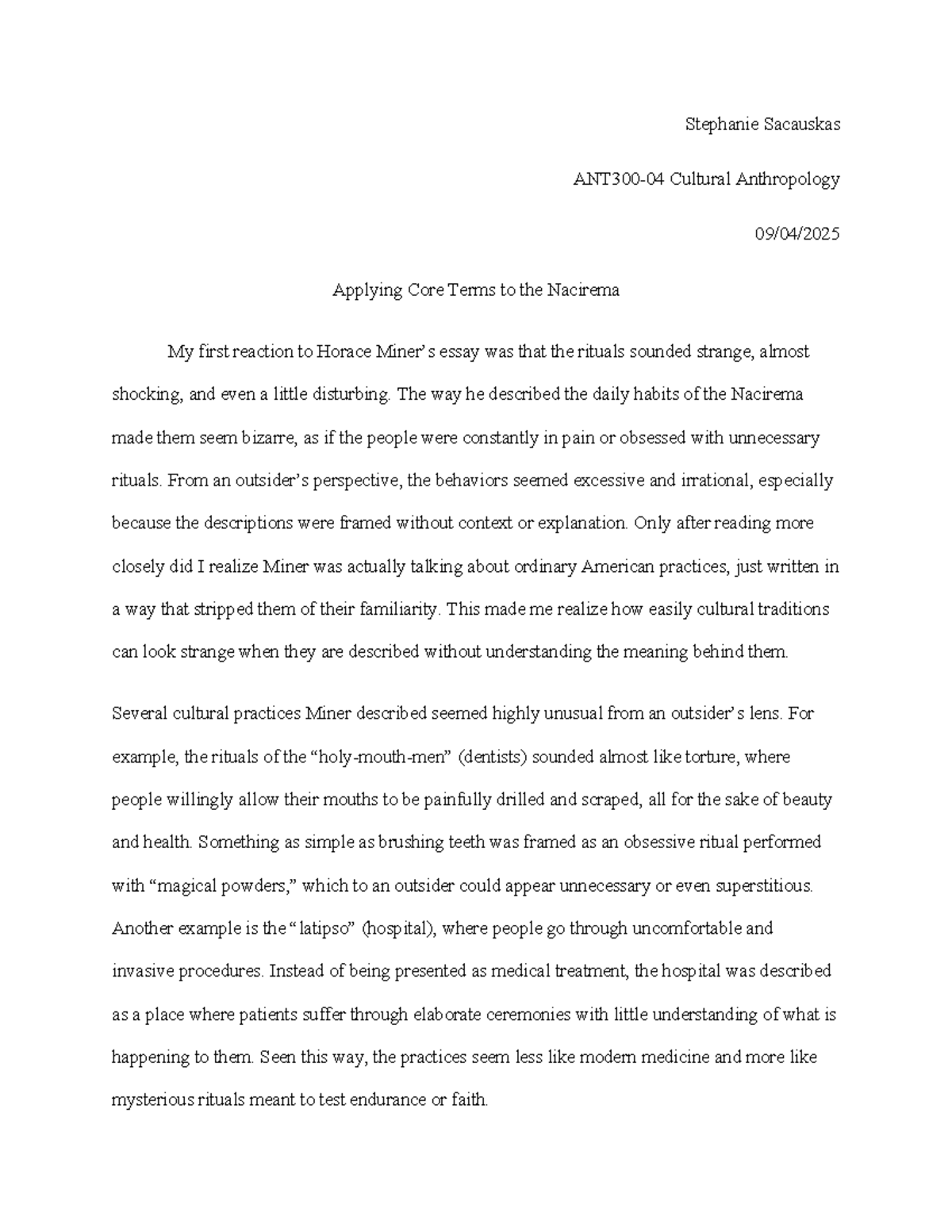 Cultural Anthropology Essay: Core Terms & Nacirema Analysis - Studocu