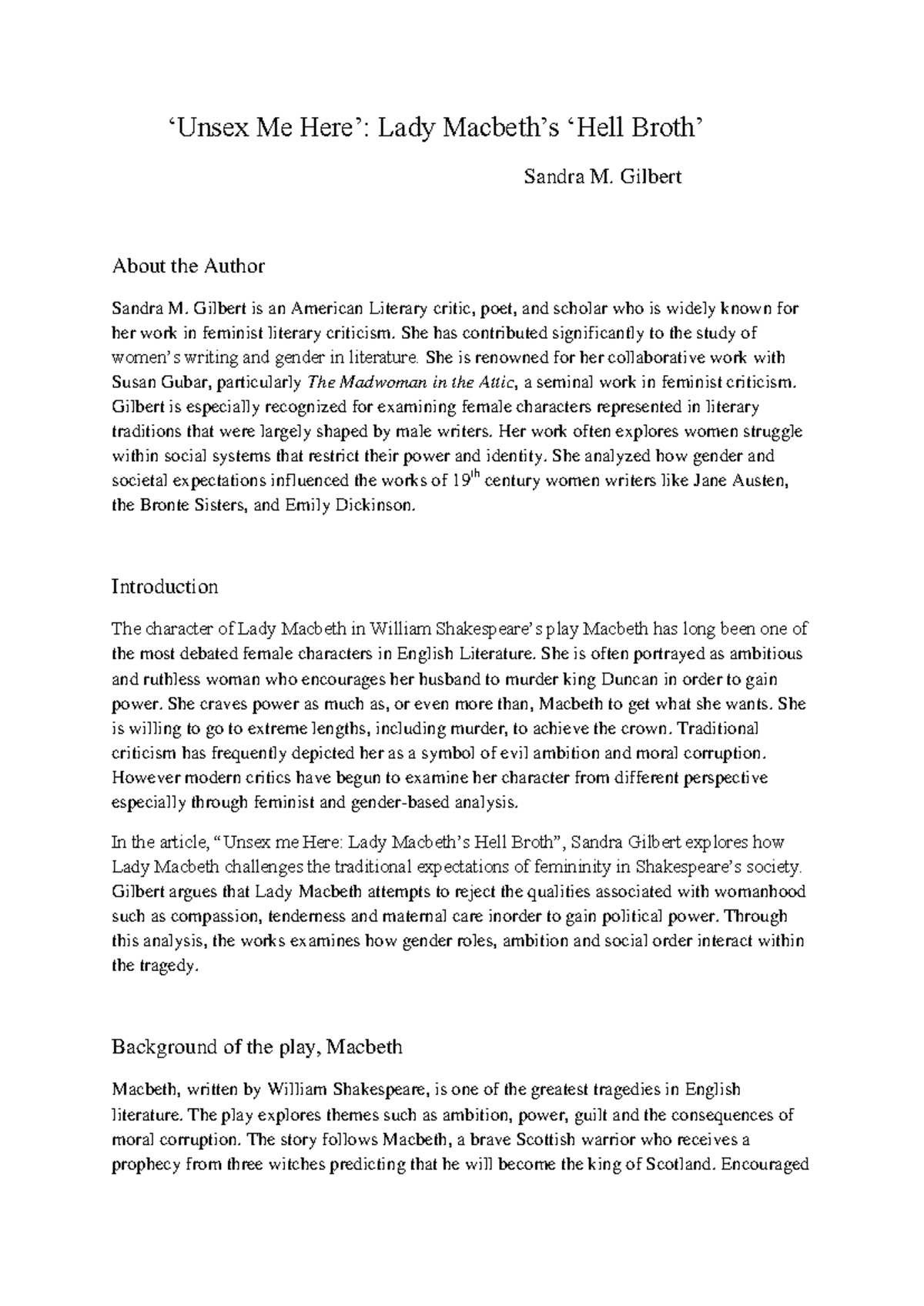 Unsex Me Here: A Feminist Analysis of Lady Macbeth in Macbeth - Studocu