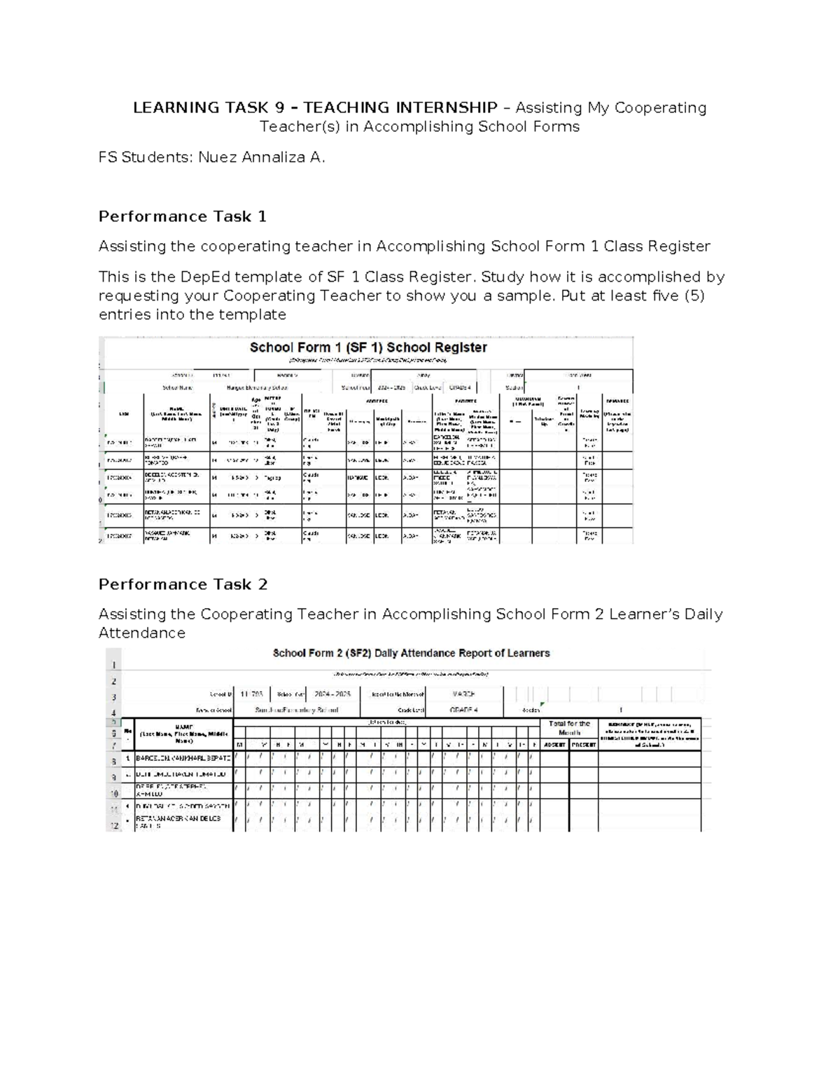 LEARNING TASK 9 – TEACHING INTERNSHIP – Assisting with School Forms ...