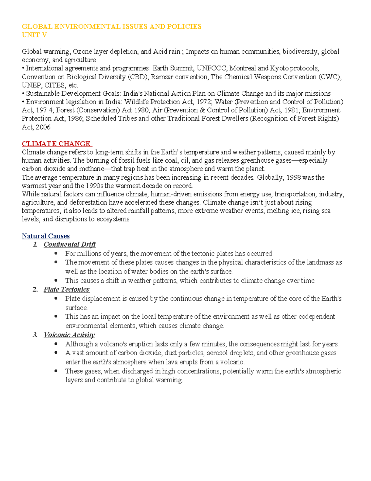 UNIT V - Global Environmental Issues: Climate Change & Policies - Studocu