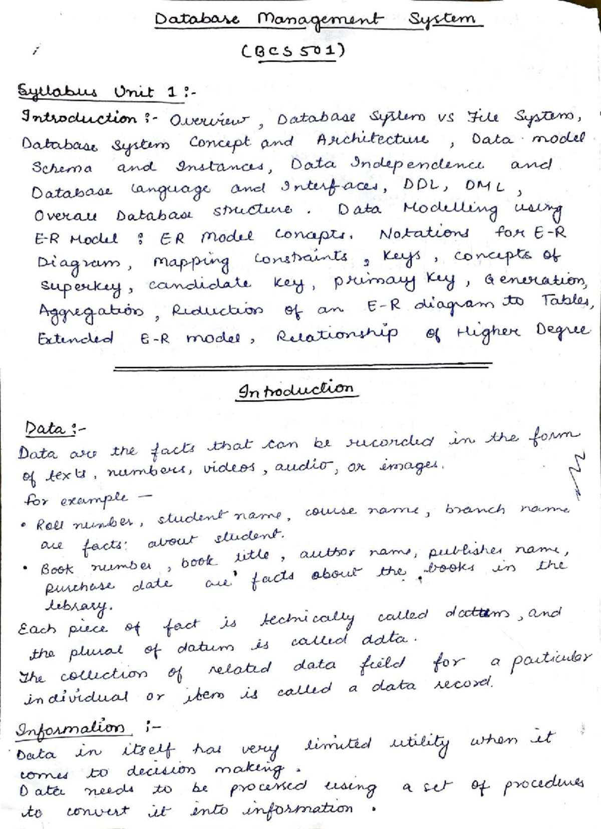 DBMS (BCS501) Unit 1: Overview of Database Concepts and Architecture ...