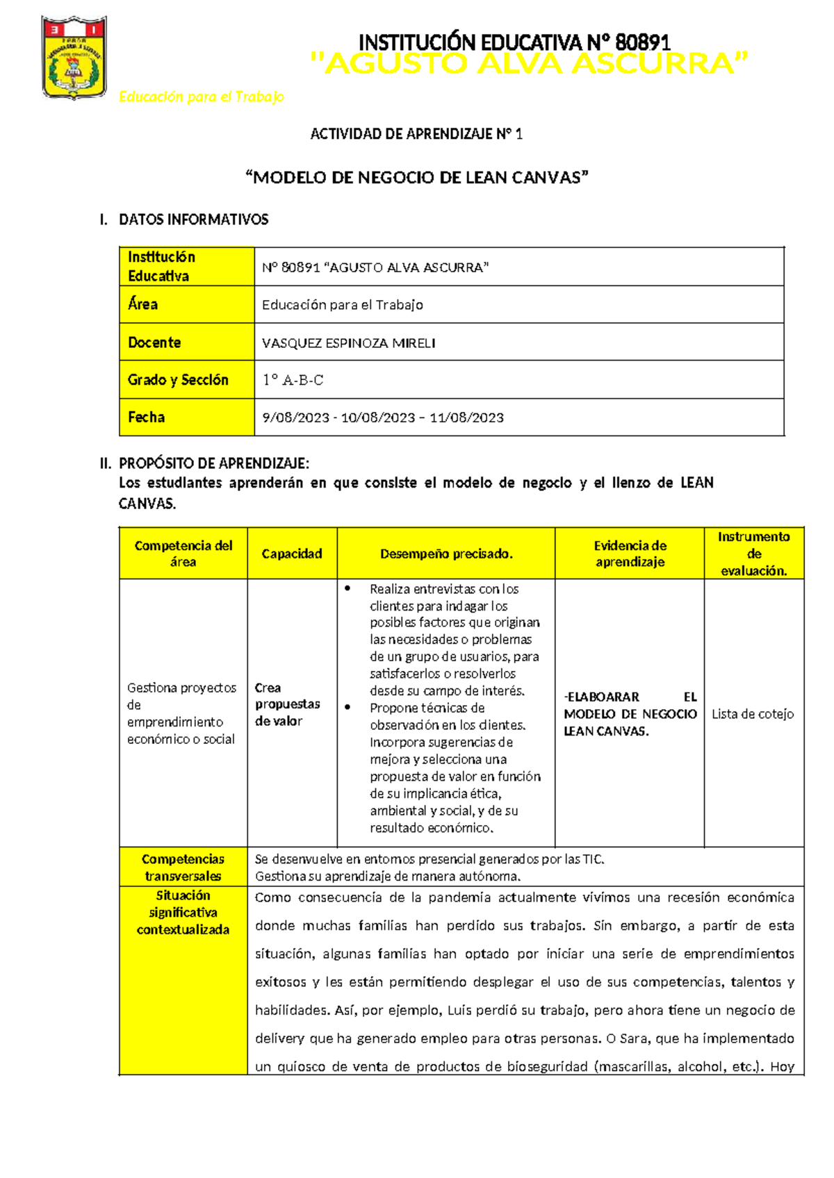 Actividad de Aprendizaje N° 01: Modelo de Negocio Lean Canvas (EDA 5 ...