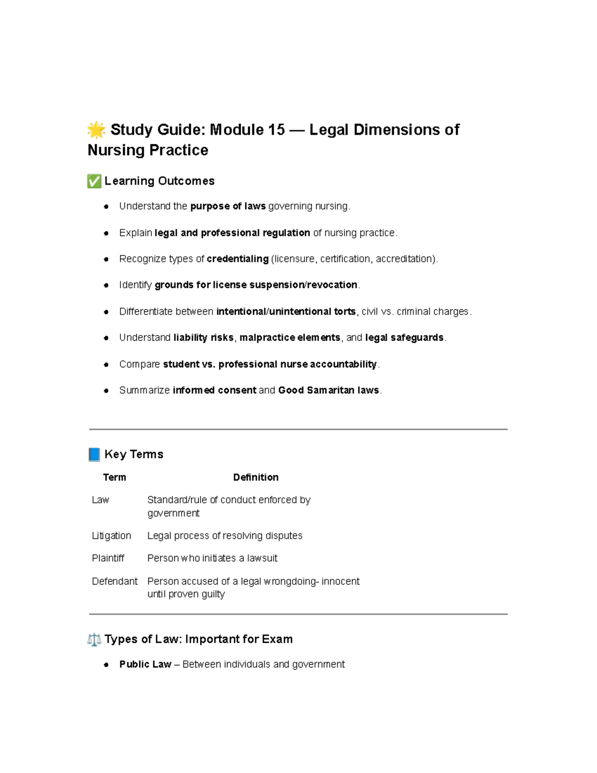 Study Guide: Exam 4 - Legal Dimensions of Nursing Practice (Modules 15 ...