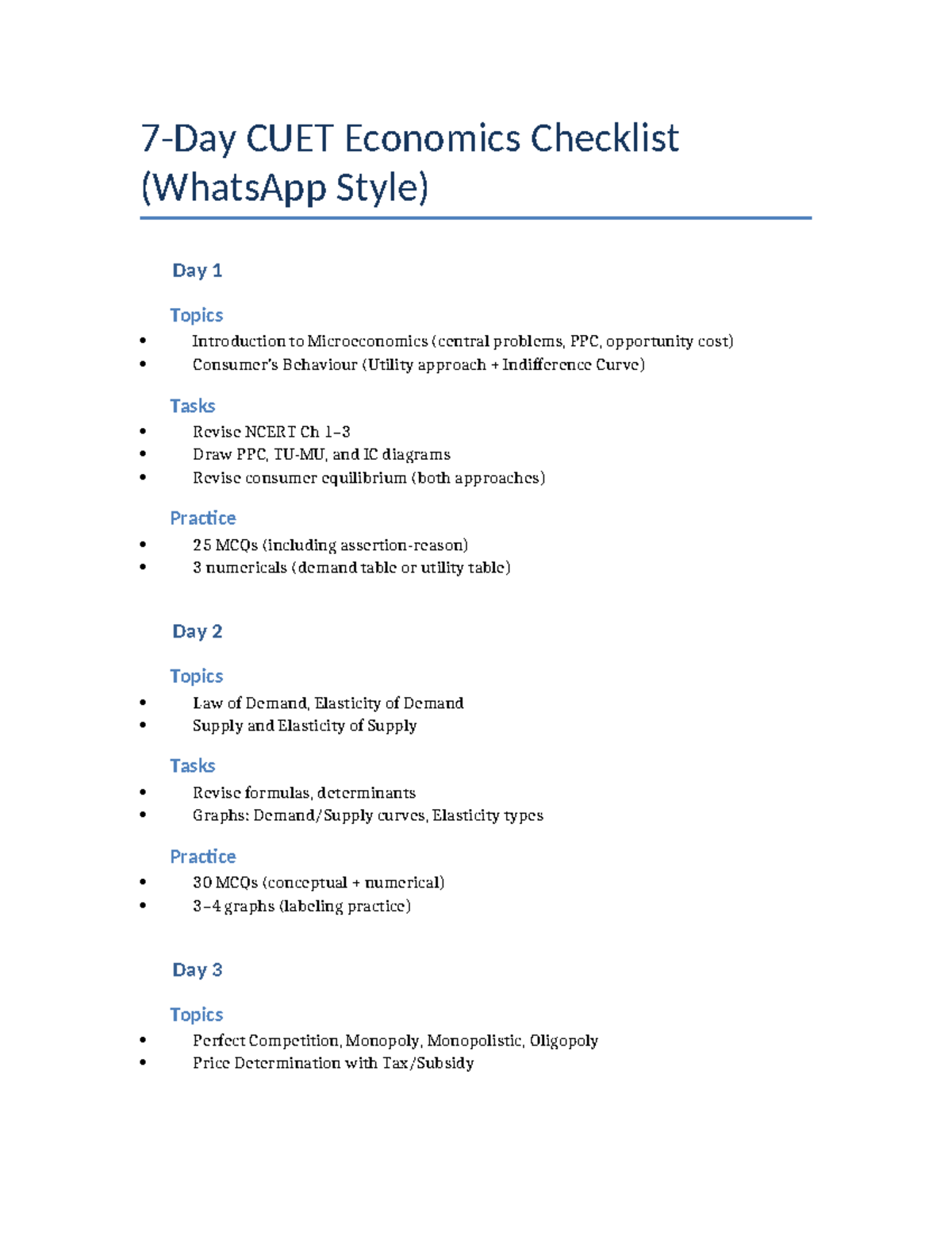 7-Day CUET Economics Checklist: Micro to Macro Topics - Studocu