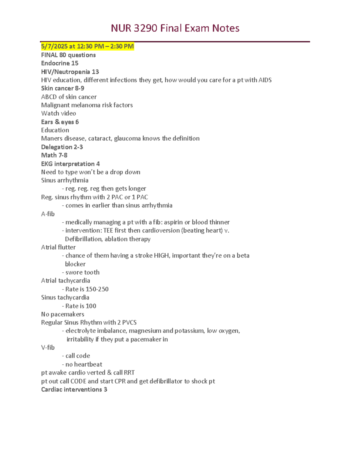 NUR 3290 Final Exam Study Notes: Endocrine, HIV, and Cardiac Care - Studocu