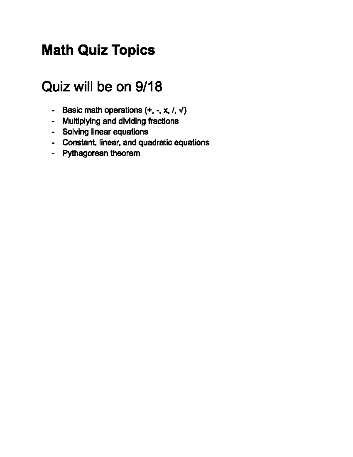 Math quiz topics - Math Quiz Topics Quiz will be on Basic math ...