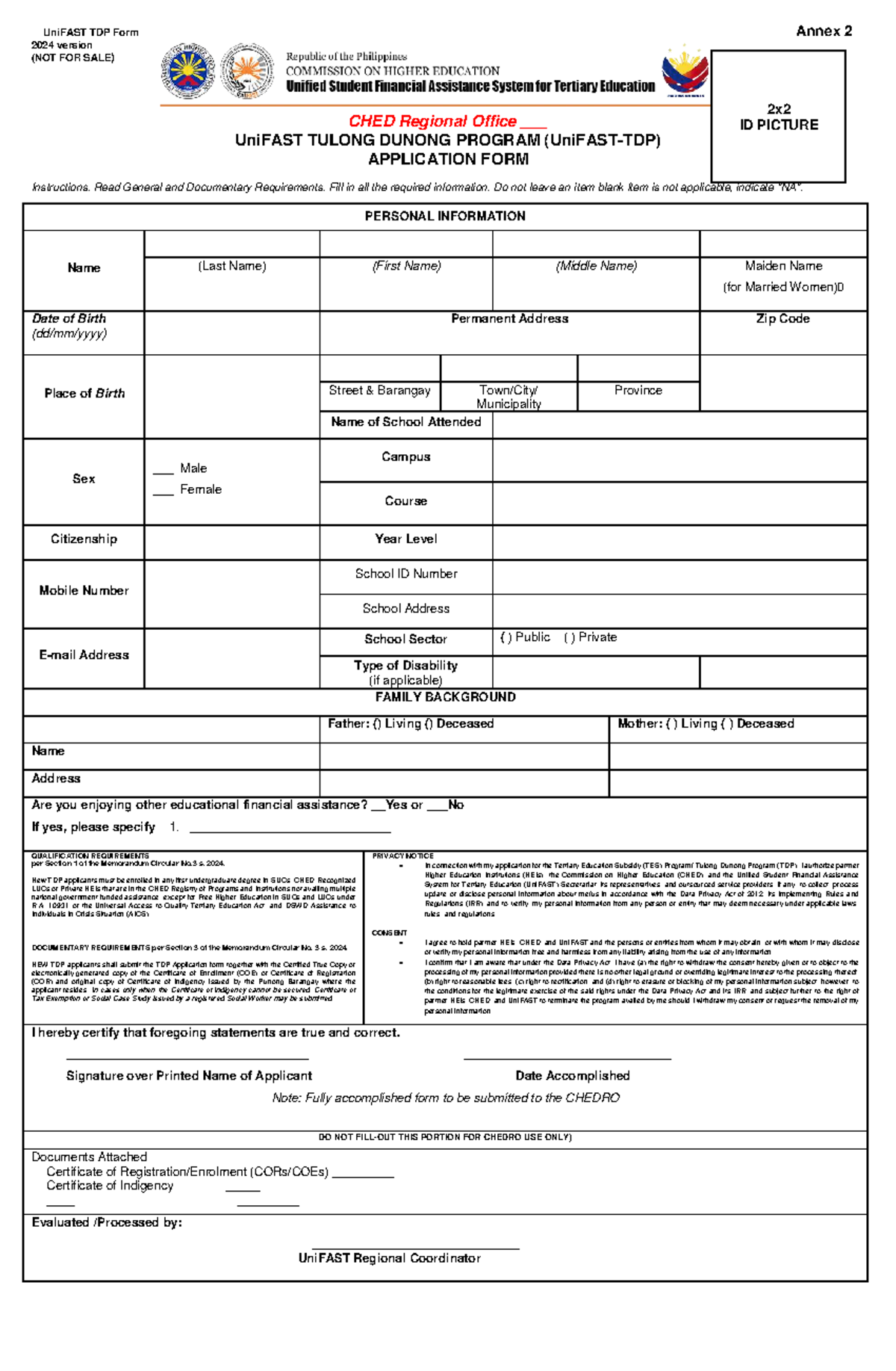 TDP Application Form Annex 2 - UniFAST 2024 Guidelines - Studocu