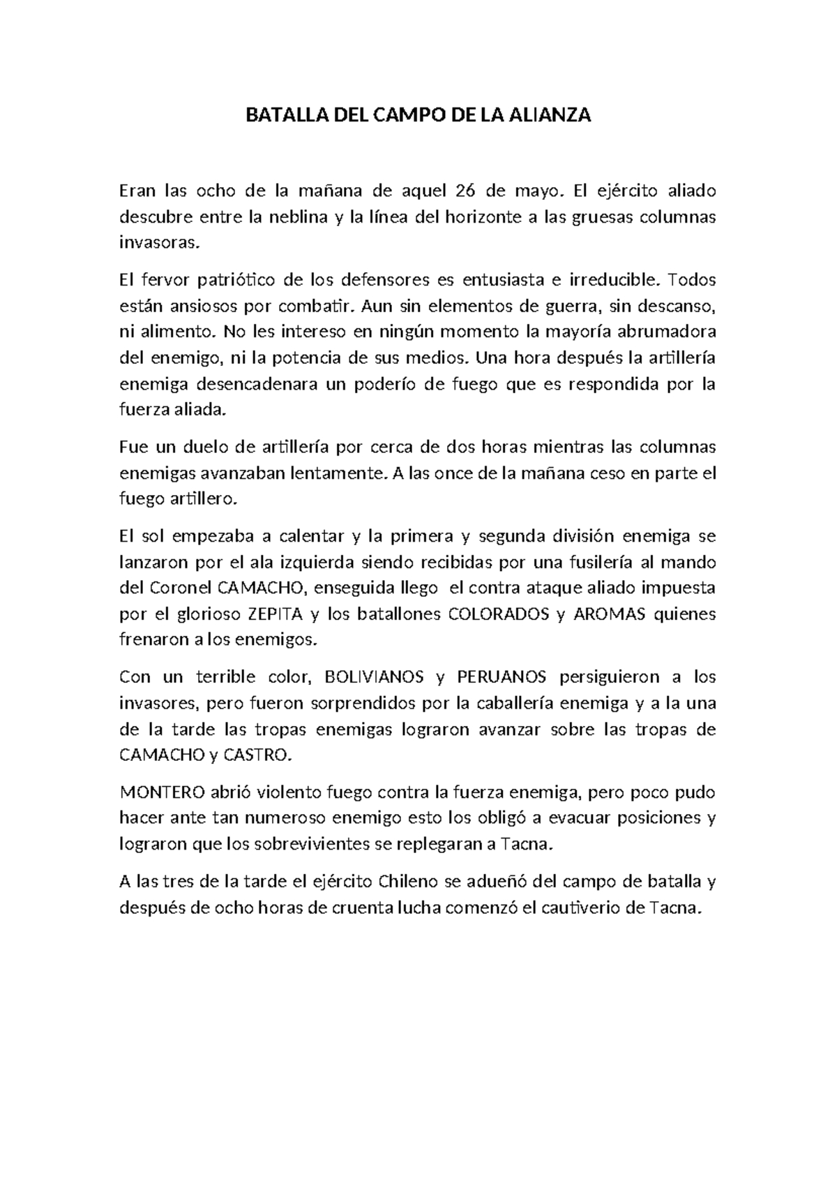 Charla sobre la Batalla del Campo de la Alianza - Studocu