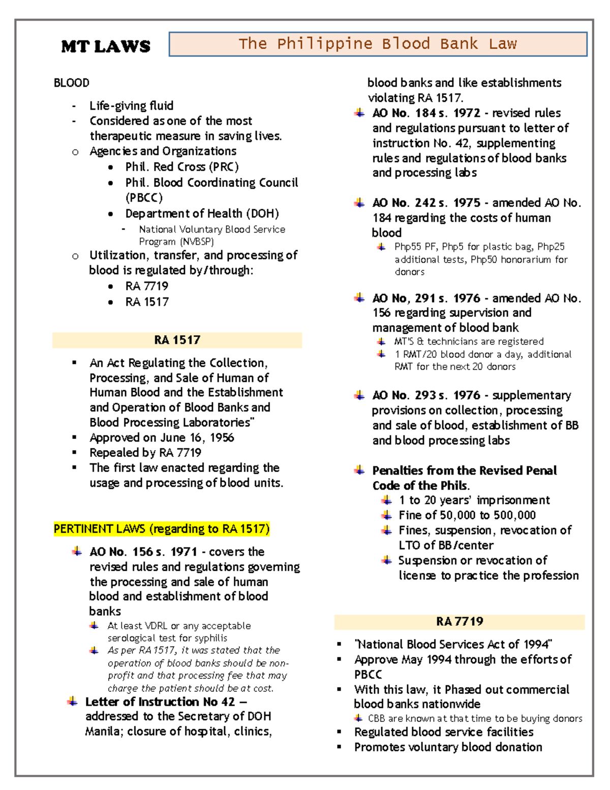Philippine Blood Bank Laws: Overview & Regulations (MT LAWS) - Studocu