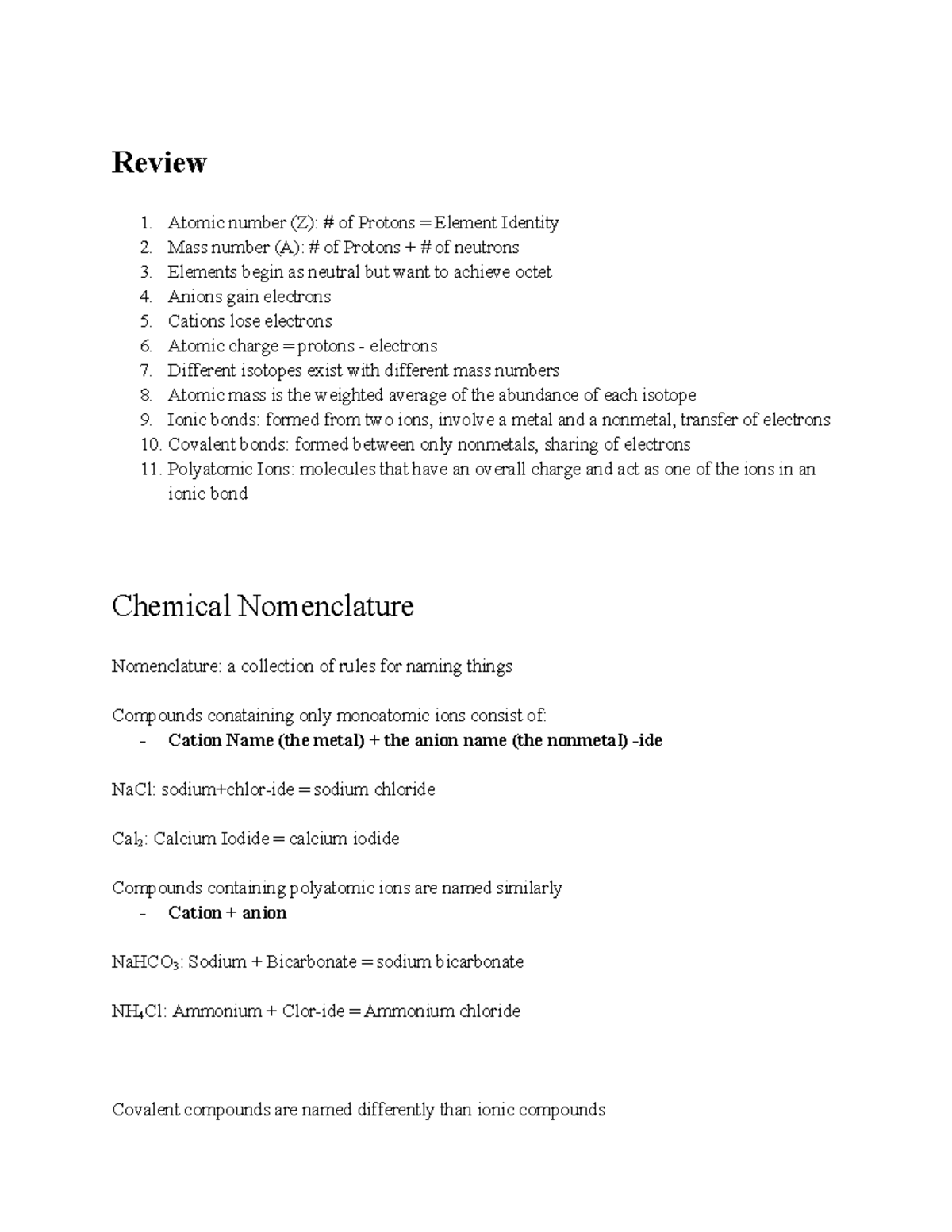 Chemical Nomenclature and Bonding Concepts: Review Notes (CHEM 101 ...