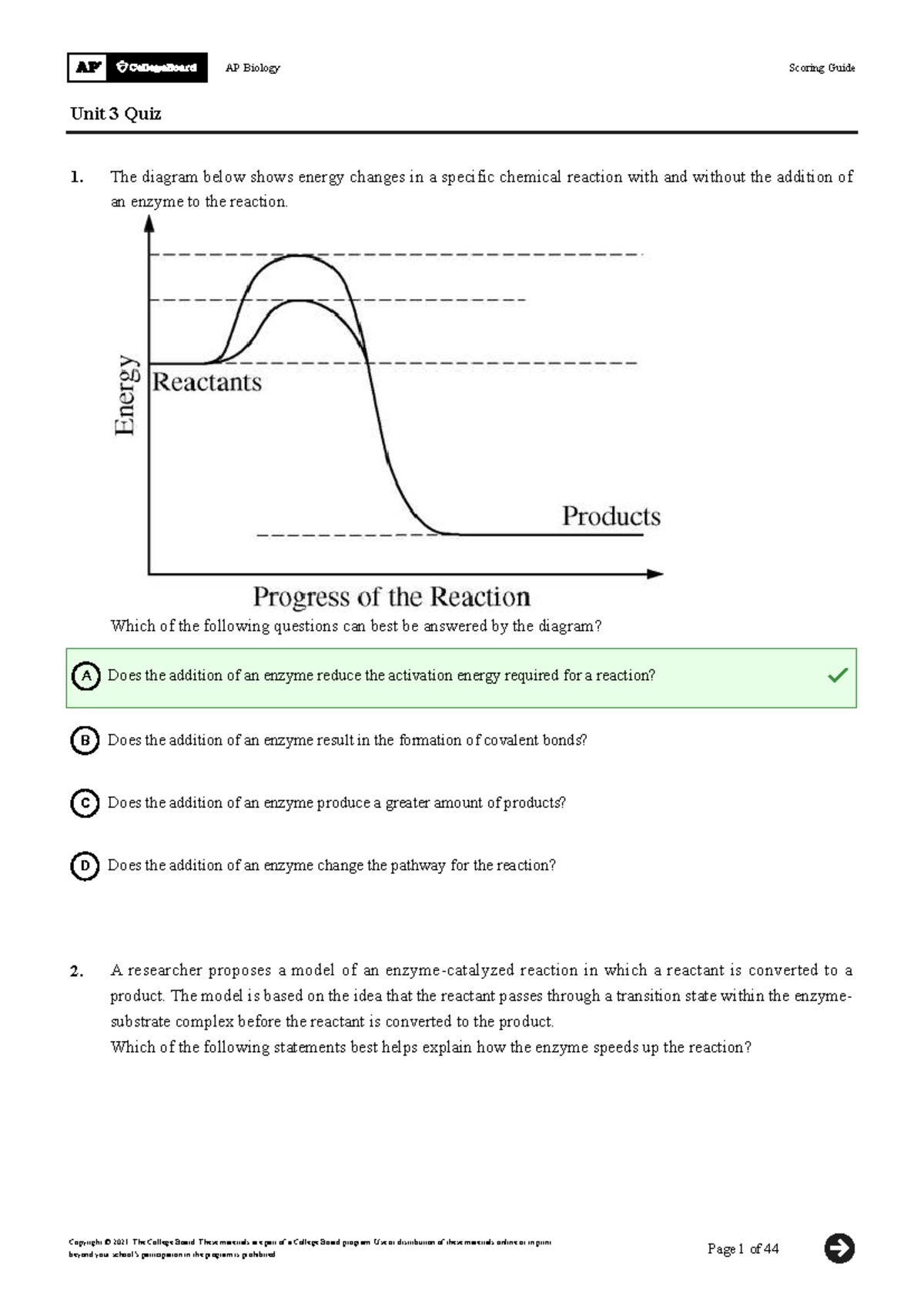 Unit 3 MCQ SG - Comprehensive Quiz on Enzyme Function and Metabolism ...